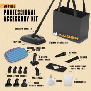 McCulloch MC1375 Canister Steam Cleaner with 20 Accessories, Extra-Long Power Cord, Chemical-Free Cleaning for Most Floors, Counters, Appliances, Windows, Autos, and More, 1-(Pack), Black