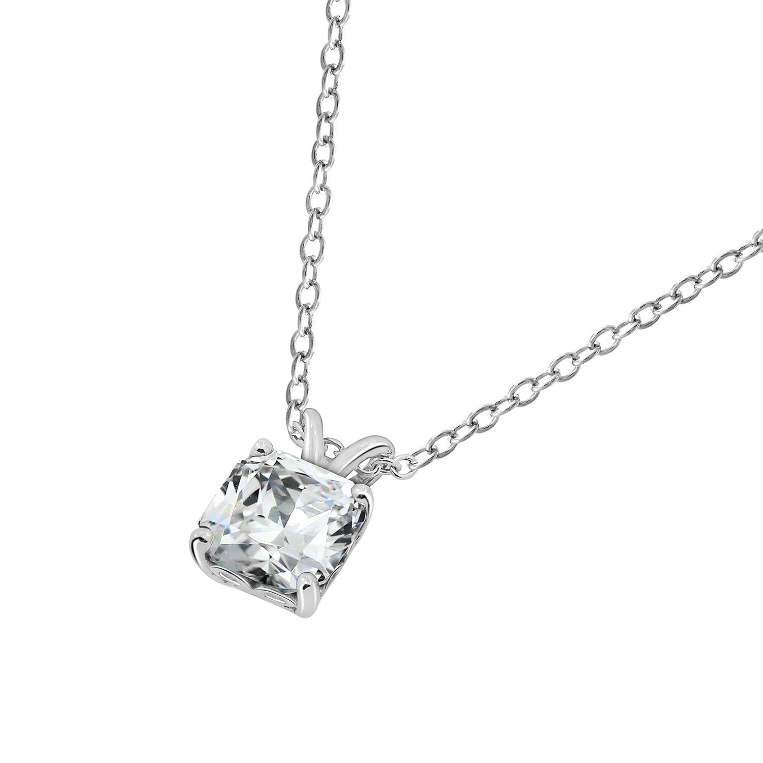 Amazon Collection Platinum-Plated Sterling Silver Cushion-Cut Solitaire Pendant Neckalce made with Infinite Elements Cubic Zirconia, 16"