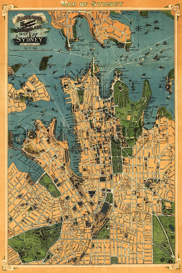 Antiguos Maps - Robinson's Aeroplane Map of Sydney Australia - Measures 24 in x 36 in (610 mm x 915 mm)