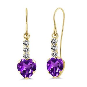 gem stone king 14k yellow gold purple amethyst and white diamond french wire dangle hook earrings for women (1.68 cttw, gemstone february birthstone, heart shape 6mm)