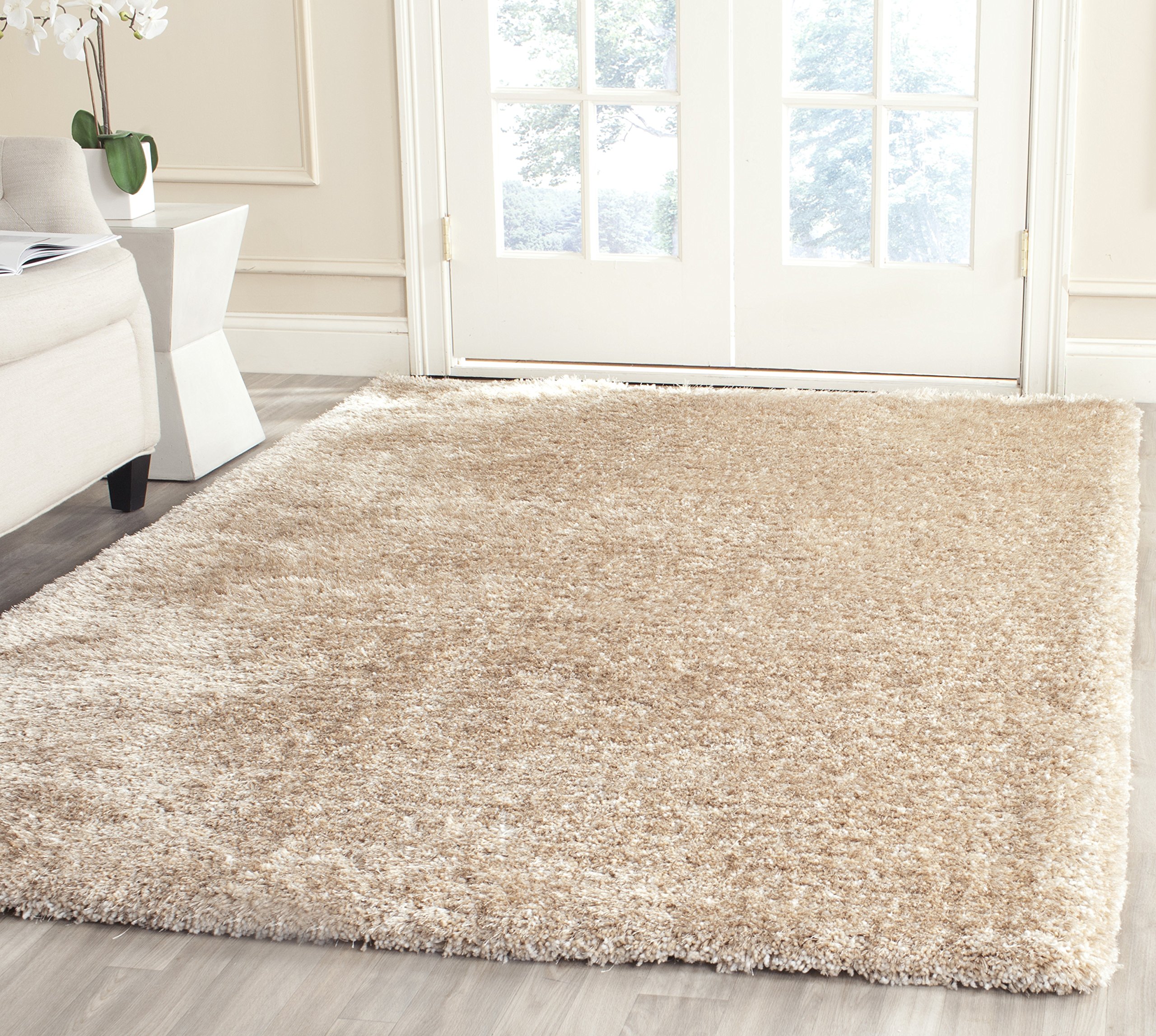 SAFAVIEH South Beach Shag Collection Area Rug - 8' x 10', Champagne, Handmade, 1.8-inch Thick Ideal for High Traffic Areas in Living Room, Bedroom (SBS562C)