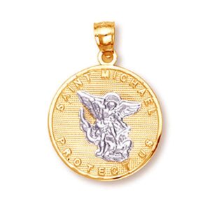 10k gold saint michael medal protection charm pendant (white-and-yellow-gold)