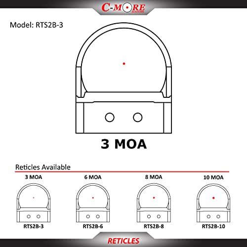 C-MORE Systems Micro Red Dot Sight RTS2B V5 Plus Rail Mount, 3 MOA, 1x Magnification, Made of Aircraft Grade Aluminum, Ultra Bright, All Weather, Waterproof, Lightweight, Matte Black Finish