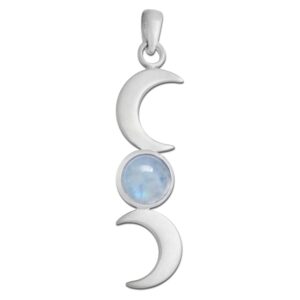 sterling silver triple goddess moon phase pendant with natural rainbow moonstone