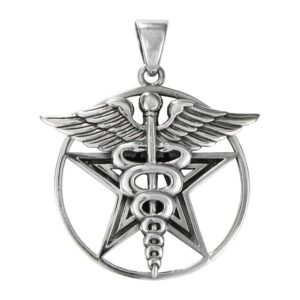 moonlight mysteries caduceus asclepius rod healers pentacle pendant - sterling silver healing jewelry for women and men