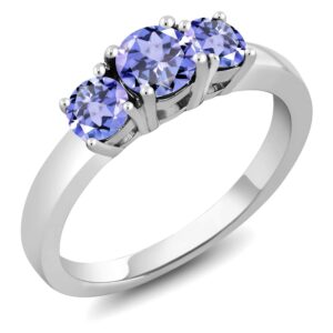 gem stone king 925 sterling silver blue tanzanite engagement ring | 1.06 cttw | round 5mm and 4mm | gemstone birthstone | 3 stone wedding engagement anniversary promise ring for women (size 8)