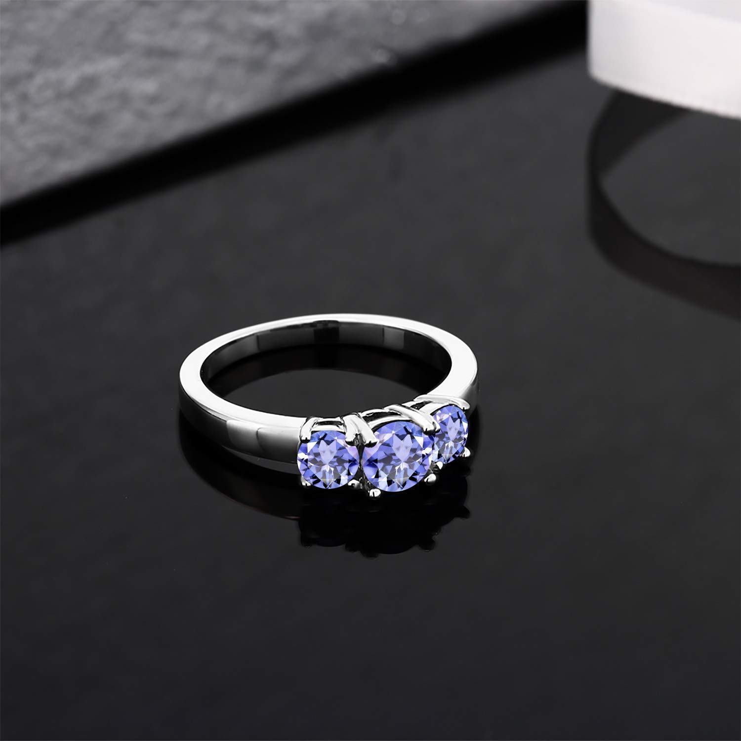 Gem Stone King 925 Sterling Silver Blue Tanzanite Engagement Ring | 1.06 Cttw | Round 5MM and 4MM | Gemstone Birthstone | 3 Stone Wedding Engagement Anniversary Promise Ring For Women (Size 8)