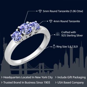 Gem Stone King 925 Sterling Silver Blue Tanzanite Engagement Ring | 1.06 Cttw | Round 5MM and 4MM | Gemstone Birthstone | 3 Stone Wedding Engagement Anniversary Promise Ring For Women (Size 8)