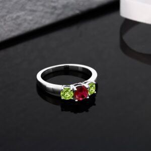 Gem Stone King Red Created Ruby and Green Peridot 925 Sterling Silver 3-Stone Women's Ring (1.20 Cttw Round Cut) (Size 6)