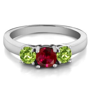 Gem Stone King Red Created Ruby and Green Peridot 925 Sterling Silver 3-Stone Women's Ring (1.20 Cttw Round Cut) (Size 6)