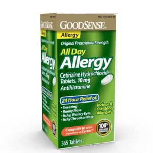 goodsense all day allergy, compare to zyrtec, cetirizine hydrochloride tablets, 10 mg, antihistamine, 365 count