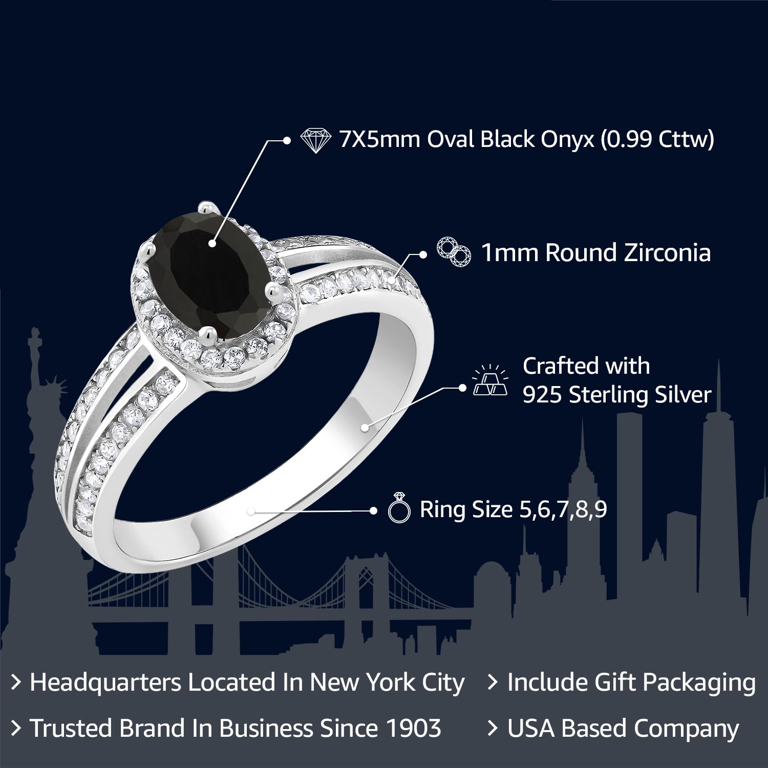 Gem Stone King 925 Sterling Silver Black Onyx Ring | 0.99 Cttw | Oval 7X5MM | Gemstone Birthstone | Wedding Engagement Anniversary Promise Ring For Women | Available In Size 5, 6, 7, 8, 9