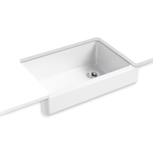 KOHLER 5826-0 Whitehaven Farmhouse Self-Trimming Undermount Single-Bowl Sink with Short Apron, 33 Inch, White