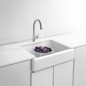 KOHLER 5826-0 Whitehaven Farmhouse Self-Trimming Undermount Single-Bowl Sink with Short Apron, 33 Inch, White