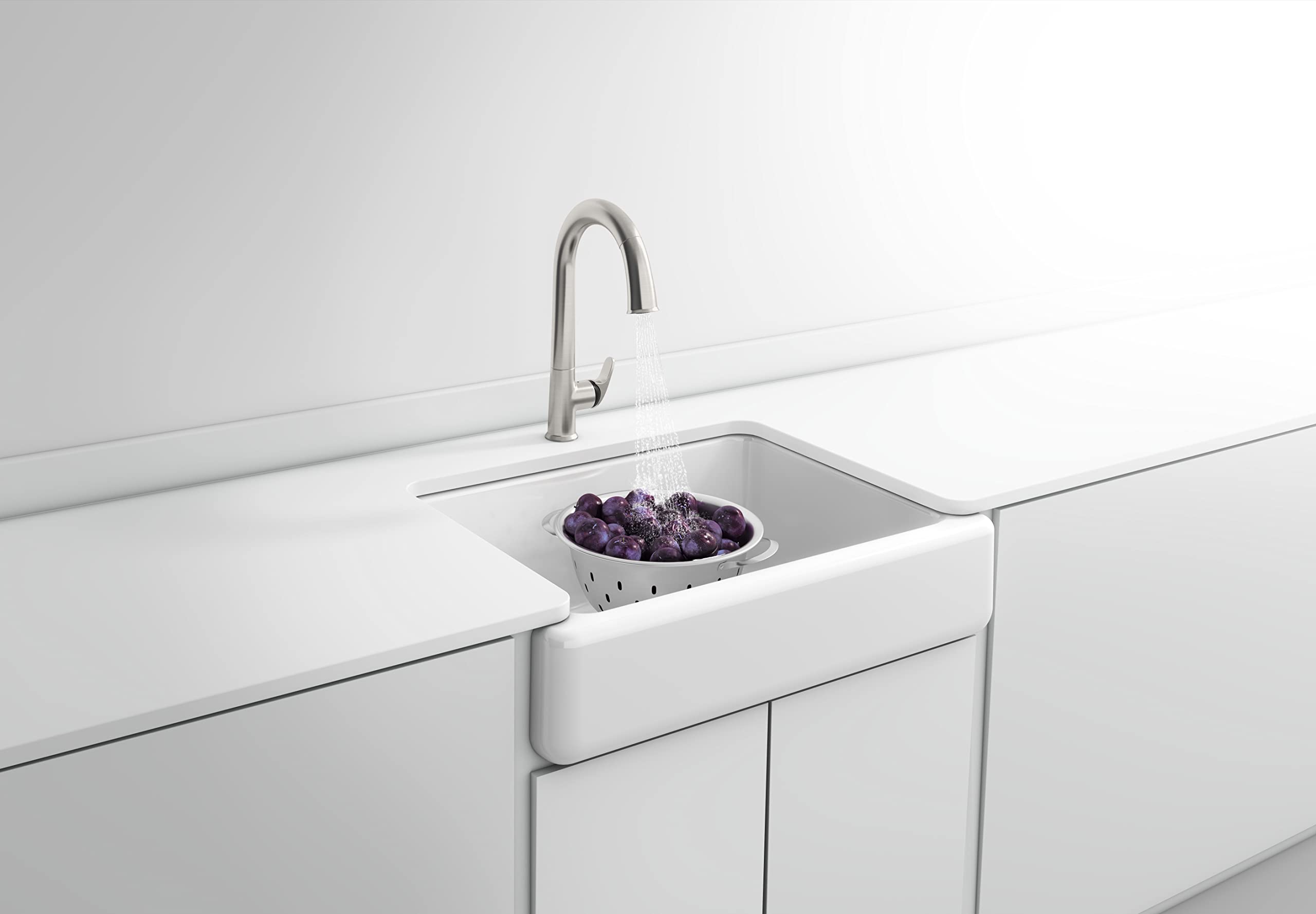 KOHLER 5826-0 Whitehaven Farmhouse Self-Trimming Undermount Single-Bowl Sink with Short Apron, 33 Inch, White