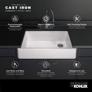 KOHLER 5826-0 Whitehaven Farmhouse Self-Trimming Undermount Single-Bowl Sink with Short Apron, 33 Inch, White