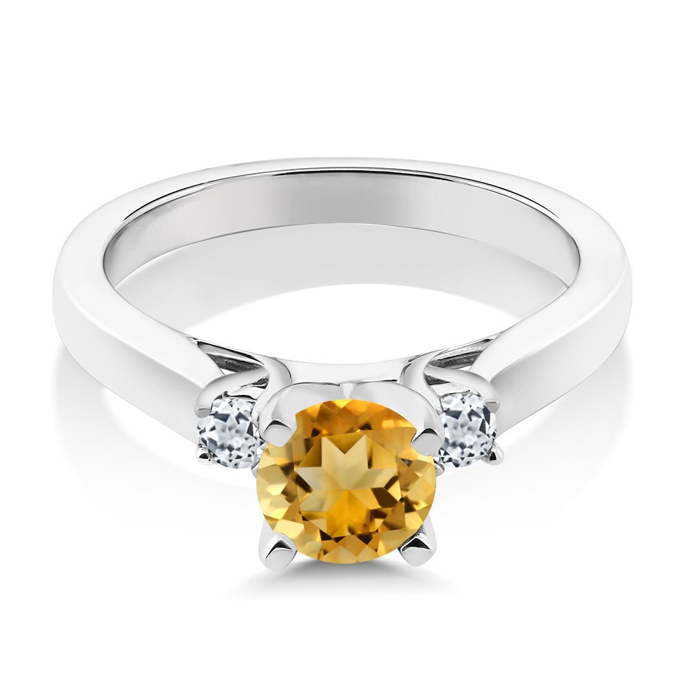 Gem Stone King 925 Sterling Silver Yellow Citrine and White Topaz 3-Stone Engagement Ring For Women (0.98 Cttw, Round 6MM, Gemstone November Birthstone, Size 8)