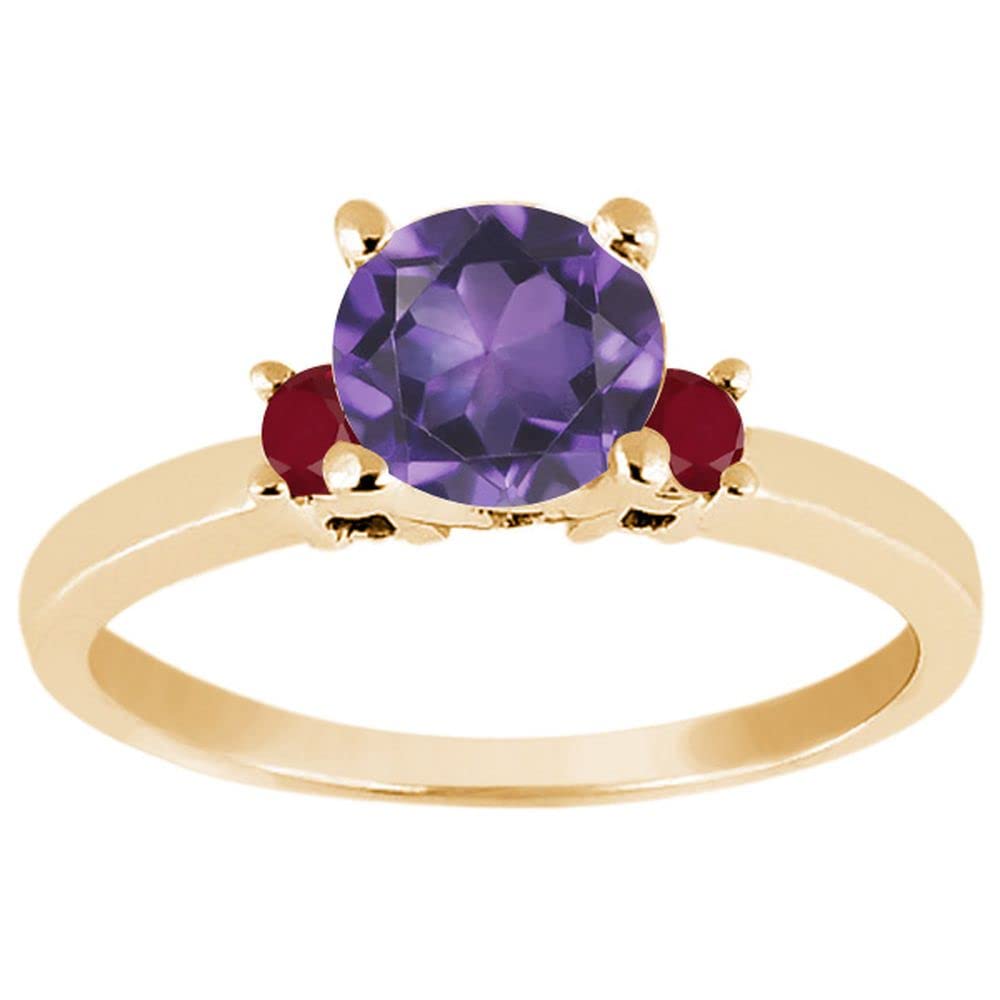 Gem Stone King 18K Yellow Gold Plated Silver Purple Amethyst and Red Ruby 3-Stone Engagement Ring For Women (0.99 Cttw, Round 6MM, Gemstone February Birthstone, Size 7)