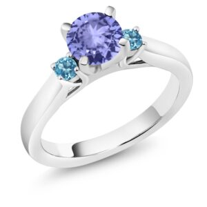 gem stone king 925 sterling silver blue tanzanite and swiss blue topaz 3-stone engagement ring for women (1.20 cttw, round 6mm, gemstone december birthstone, size 7)