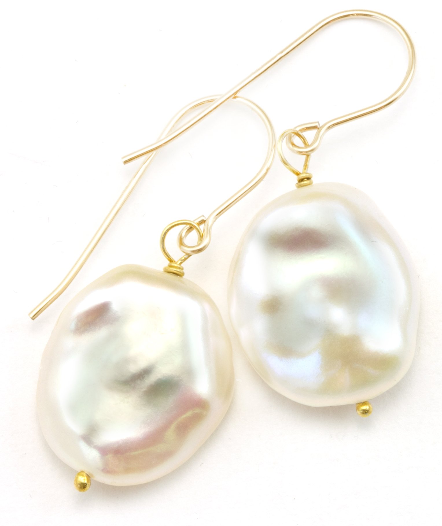 Spyglass Designs 14k Gold Filled Freshwater Cultured Pearl Earrings Baroque Button White Large Luster Drops