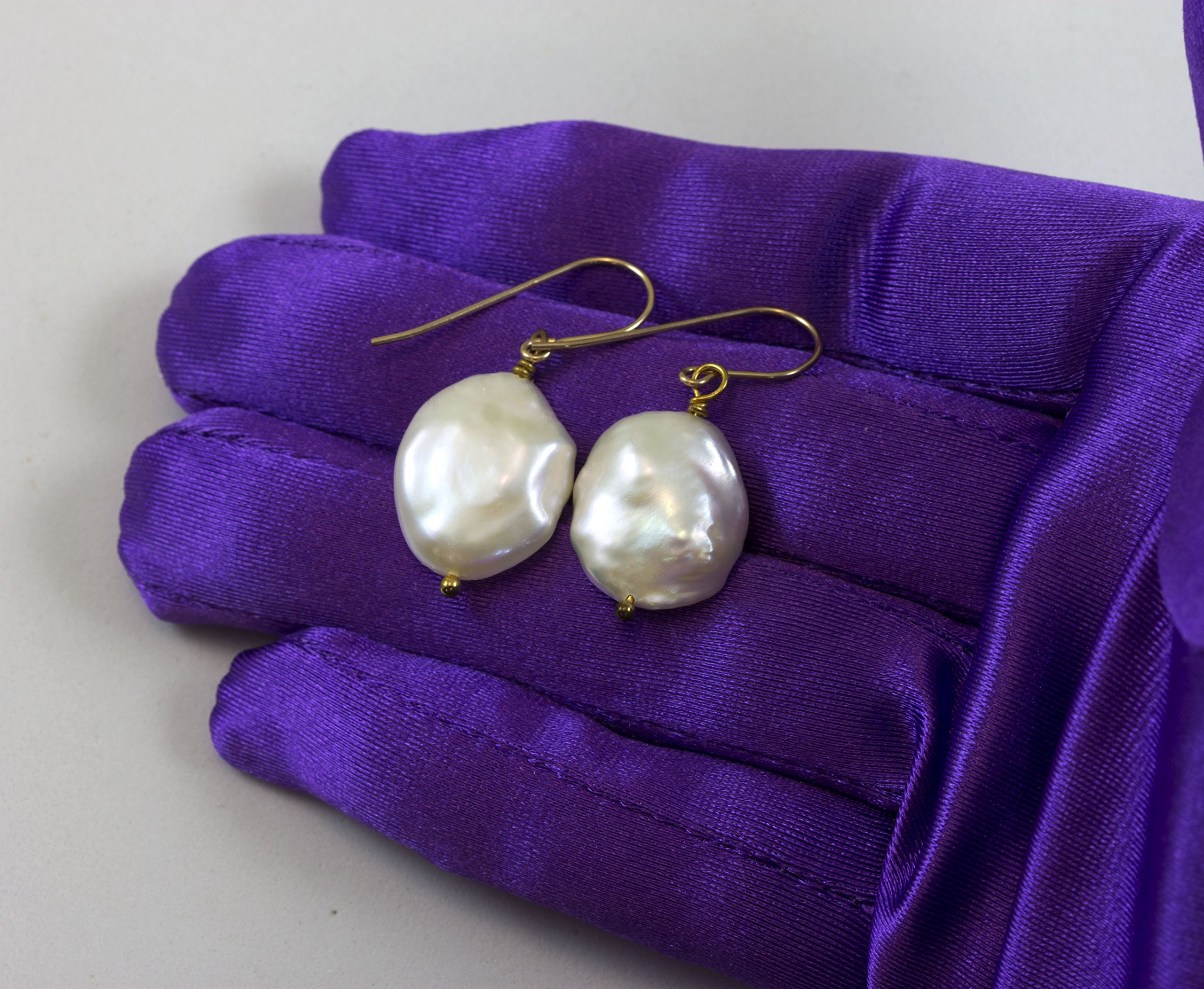 Spyglass Designs 14k Gold Filled Freshwater Cultured Pearl Earrings Baroque Button White Large Luster Drops