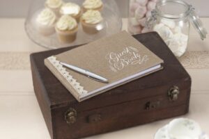 ginger ray hessian and lace trimmed burlap wedding guest book, vintage affair