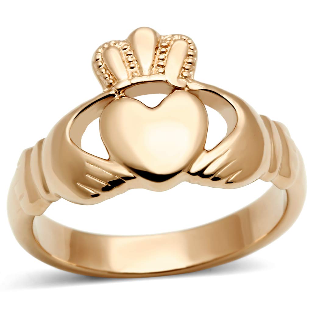 Eternal Sparkles Women's Claddagh Celtic Irish Fashion Comfort Statement Love Ring in Rose Gold Stainless Steel- Rose Gold