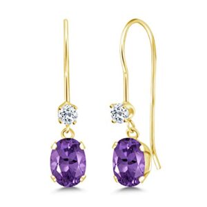 gem stone king 14k yellow gold purple amethyst and white topaz french wire dangle earrings for women (1.06 cttw, gemstone february birthstone, oval 6x4mm and round 2.5mm)