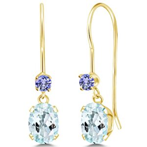 Gem Stone King 14K Yellow Gold Sky Blue Topaz and Blue Tanzanite French Wire Dangle Earrings For Women (1.26 Cttw, Gemstone November Birthstone, Oval 6X4MM and Round 2.5MM)