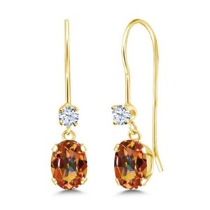 gem stone king 14k yellow gold ecstasy mystic topaz french wire dangle earrings for women (1.20 cttw, gemstone birthstone, oval 6x4mm and round 2.5mm)