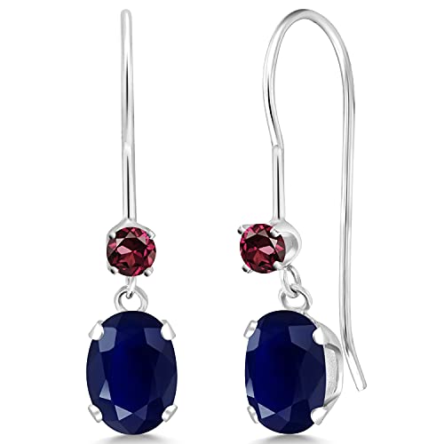 Gem Stone King 14K White Gold Blue Sapphire and Red Rhodolite Garnet French Wire Dangle Earrings For Women (1.28 Cttw, Gemstone September Birthstone, Oval 6X4MM and Round 2.5MM)