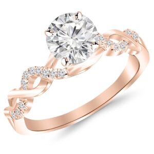 houston diamond district 0.63 carat twisting infinity gold and diamond split shank pave set diamond engagement ring 14k rose gold with a 0.5 carat j-k i2 center.