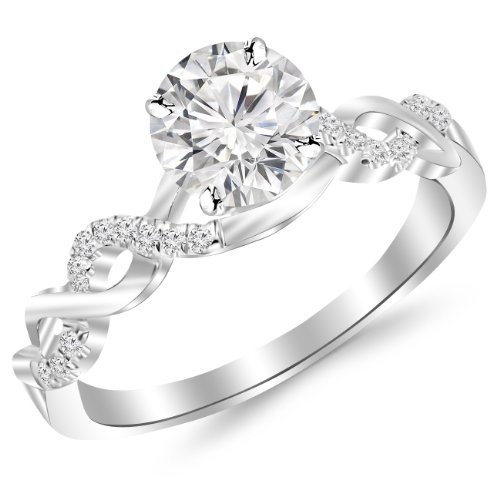 Houston Diamond District 0.88 Carat Twisting Infinity Gold and Diamond Split Shank Pave Set Diamond Engagement Ring 14K White Gold with a 0.75 Carat I-J I2 Center