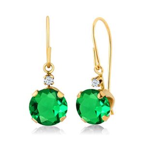 gem stone king 14k yellow gold green nano emerald leverback dangle earrings for women (1.57 cttw, gemstone may birthstone, round 6mm)