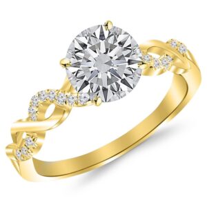 0.5 carat twisting infinity gold and diamond split shank pave set diamond engagement ring 14k yellow gold with a 0.37 carat j-k i1 round brilliant cut/shape center