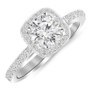 houston diamond district 1 carat classic halo style cushion shape diamond engagement ring 14k white gold with a 0.75 carat f-g i2 round brilliant cut/shape center