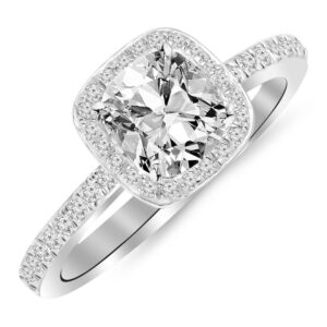 0.91 carat classic halo style cushion shape diamond engagement ring in white gold with a 0.60 carat h-i i2 center