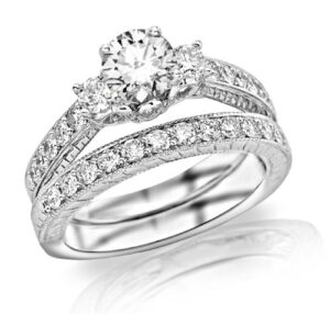 1.53 carat three stone vintage with milgrain & filigree bridal set with wedding band & diamond engagement ring 14k white gold with a 0.5 carat h-i vs2-si1 round brilliant cut/shape center