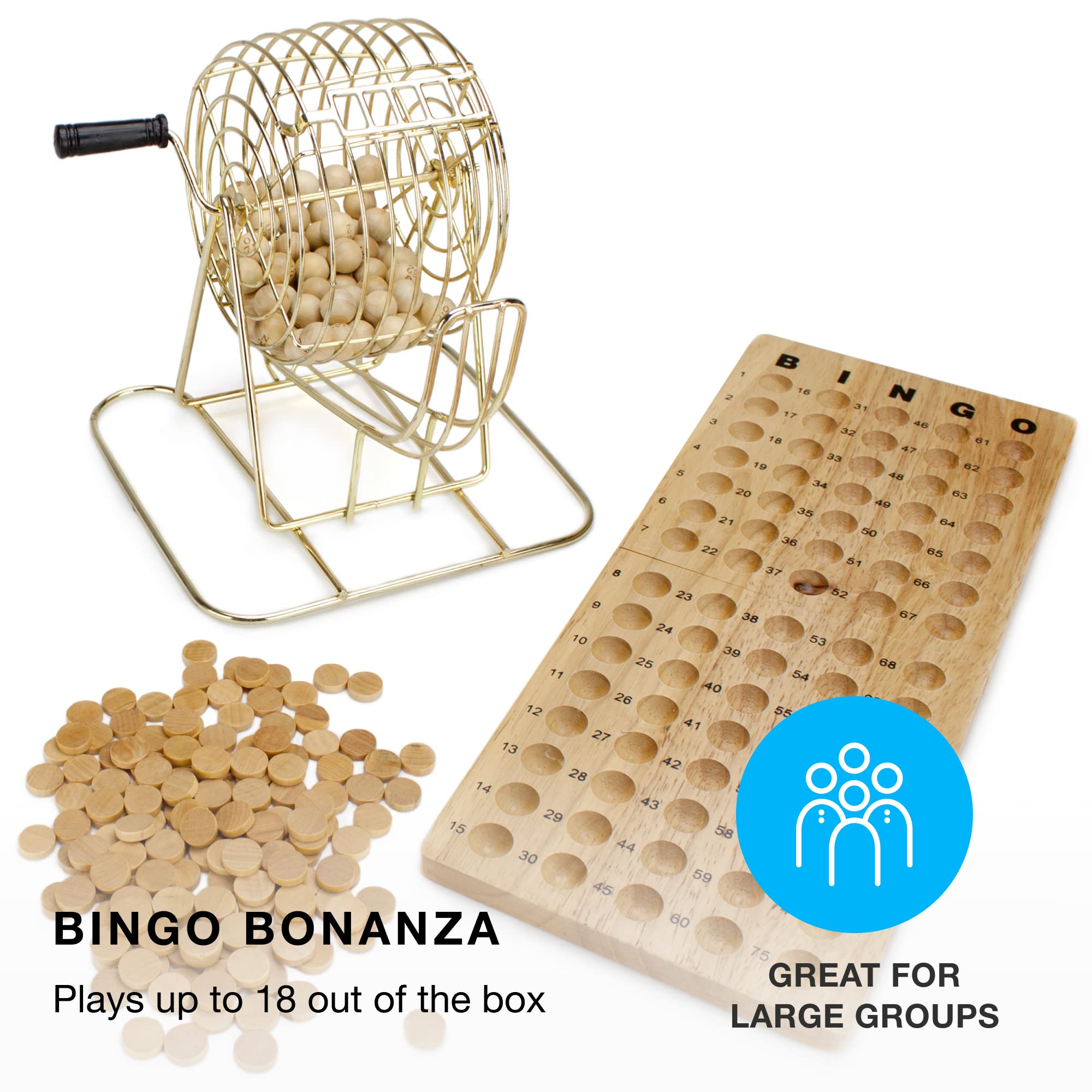 Royal Bingo Supplies Bingo Game Set for Adults, Seniors, and Family - 18 Cards 150 Chips 75 Balls, Brass Roller Cage and Board - Vintage Set