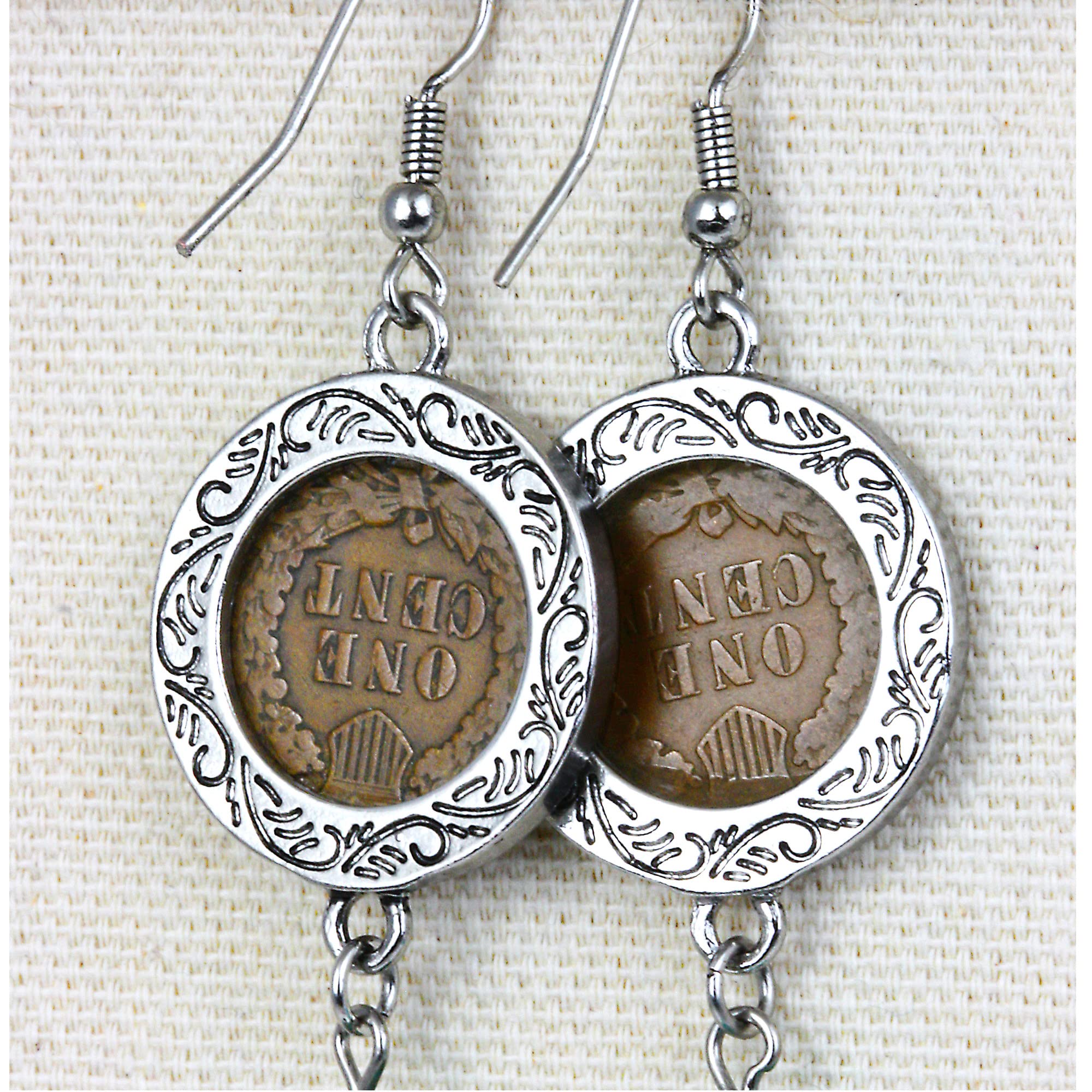 American Coin Treasures 100 Year Old Indian Head Penny Feather Silvertone Coin Earrings