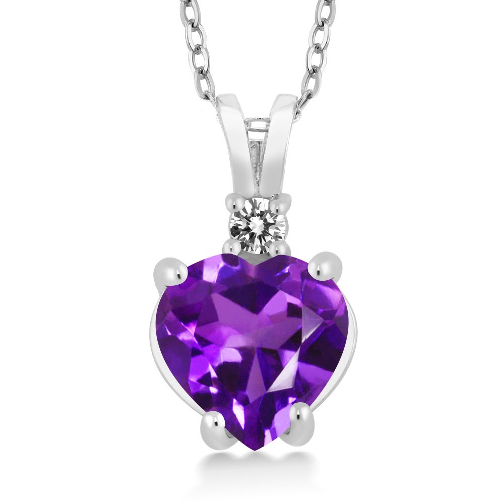 Gem Stone King 14K White Gold Purple Amethyst and White Diamond Heart Shape Pendant Necklace For Women (1.67 Cttw, Gemstone Birthstone, with 18 Inch Silver Chain)