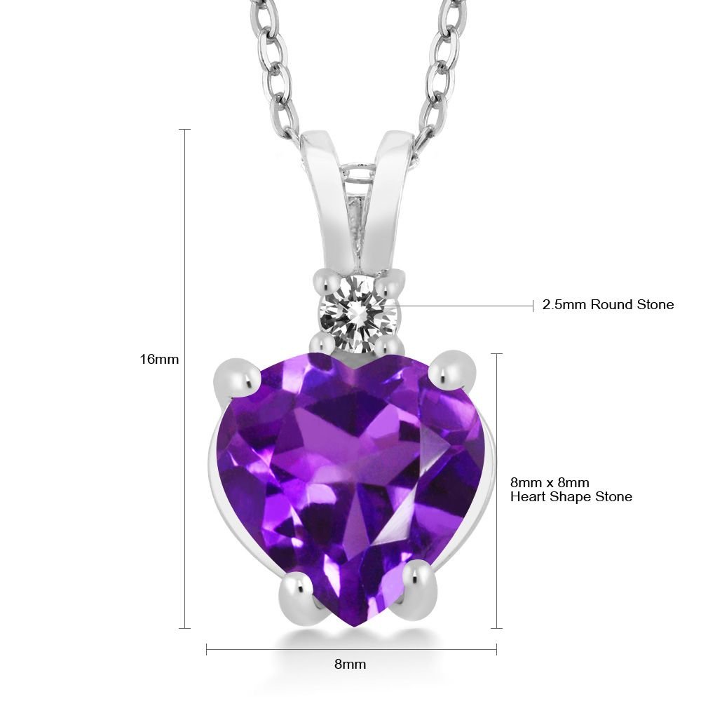 Gem Stone King 14K White Gold Purple Amethyst and White Diamond Heart Shape Pendant Necklace For Women (1.67 Cttw, Gemstone Birthstone, with 18 Inch Silver Chain)