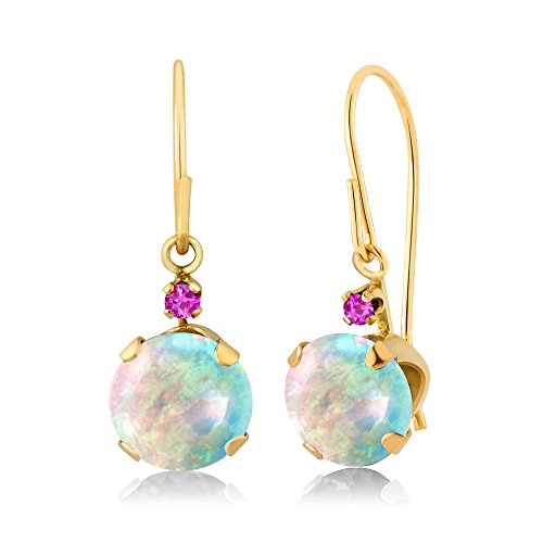 Gem Stone King 14K Yellow Gold White Simulated Opal and Pink Sapphire Leverback Dangle Earrings For Women (1.34 Cttw, Gemstone October Birthstone, Round Cabochon 6MM)