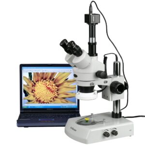 amscope sm-2tz-led-14m digital professional trinocular stereo zoom microscope, wh10x eyepieces, 3.5x-90x magnification, 0.7x-4.5x zoom objective, upper and lower led lighting, pillar stand, 110v-120v, includes 0.5x and 2.0x barlow lenses and 14mp camera w