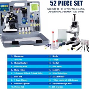 AmScope 120X-1200X 52-pcs Beginner Microscope STEM Kit with Metal Body Microscope, Plastic Slides, LED Light and Carrying Box (M30-ABS-KT2-W),White