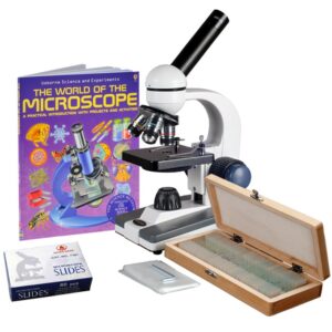 amscope m150c-50wm-50p100s compound monocular microscope, wf10x and wf25x eyepieces, 40x-1000x magnification, led illumination, brightfield, single-lens condenser, coaxial coarse and fine focus, plain stage, 110v, includes set of 50 prepared slides, 50 bl