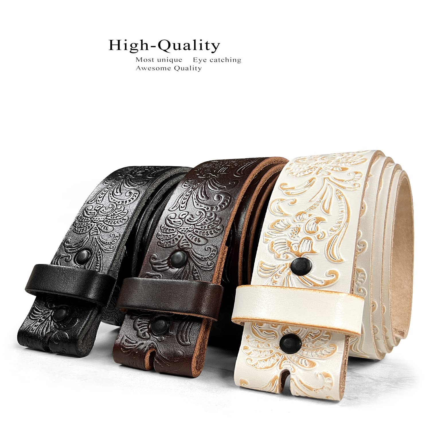 BS036 Cowboy Cowgirl Western Tooled Floral Embossed Full Grain Genuine Leather Belt Strap 1-1/2"(38mm) Wide (Black, 36)