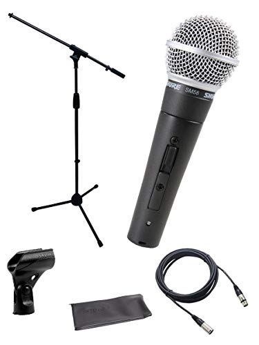 Shure SM58-S Microphone Bundle with on/off Switch, clip and pouch, MIC Boom Stand and XLR Cable