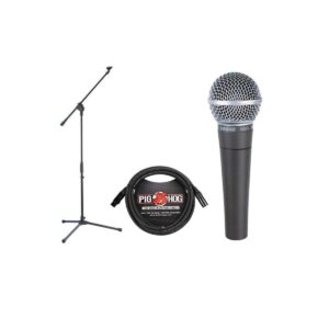 shure sm58-lc cardioid dynamic vocal microphone bundle with stand adapter and zippered pouch, xlr