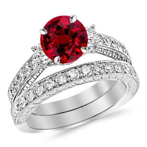 2.03 carat 14k white gold three stone vintage with milgrain & filigree bridal set with wedding band & diamond engagement ring with a 1 carat natural ruby center (heirloom quality)